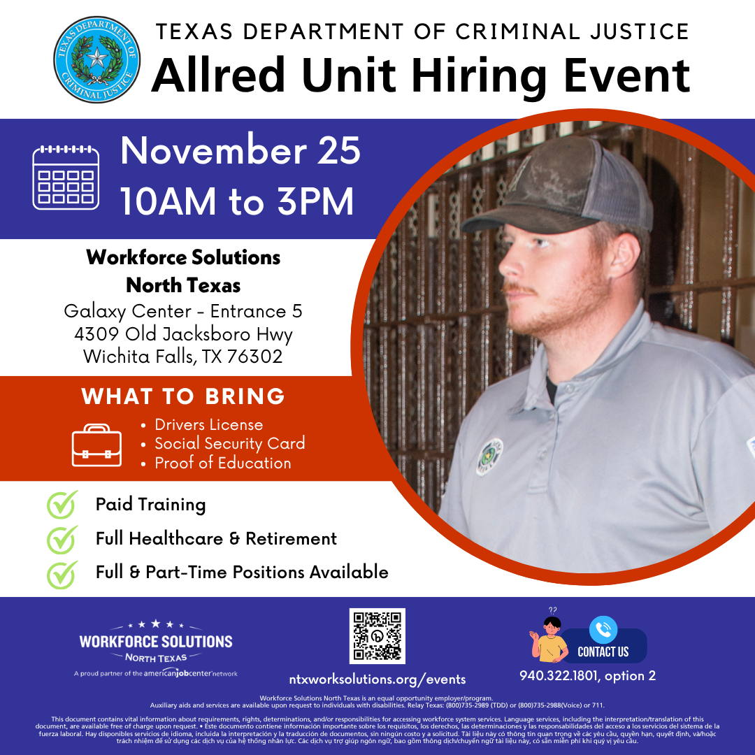 HIRING EVENT: TDCJ Allred Unit - Workforce Solutions North Texas